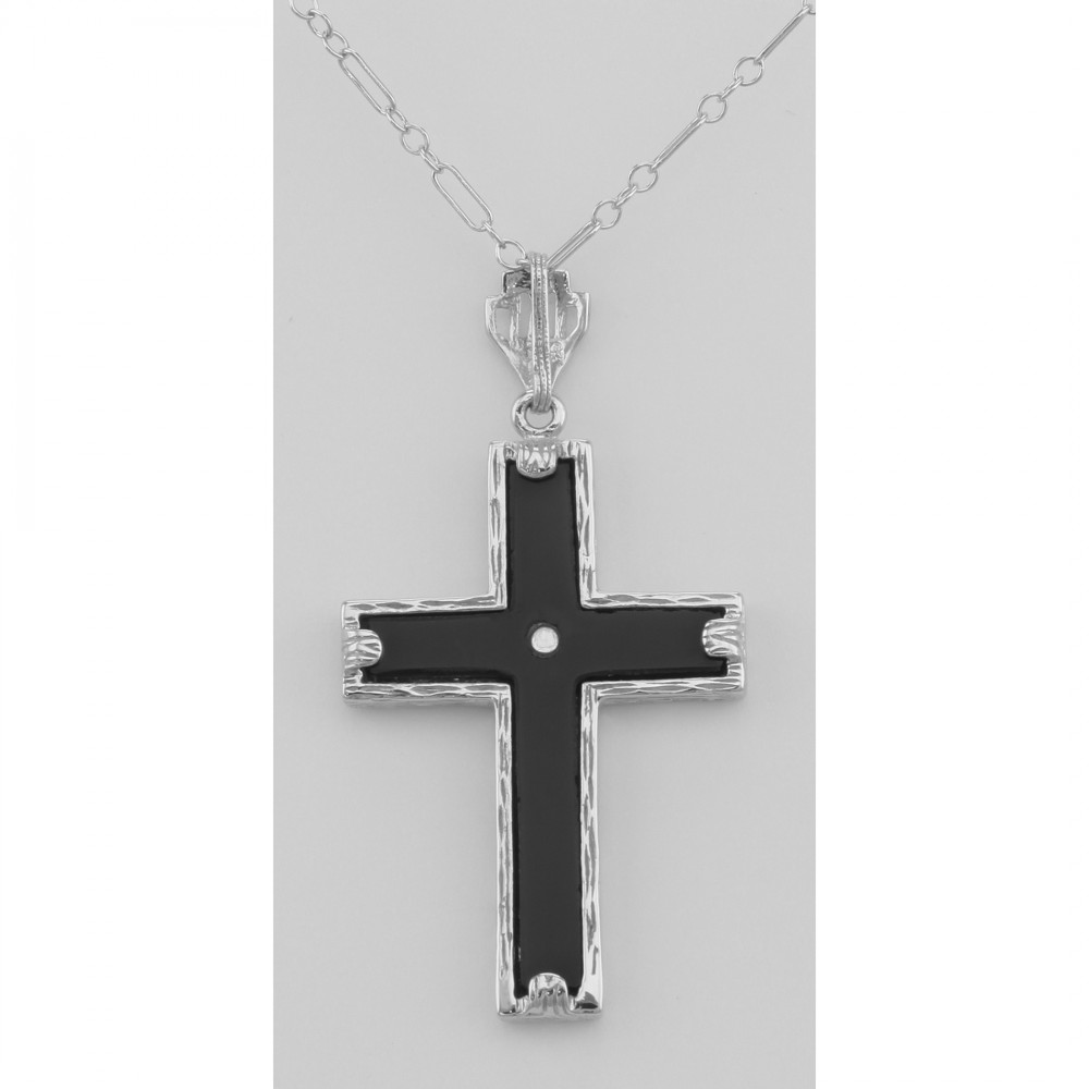 Beautiful Black Onyx Cross with Diamond Accent Center - Sterling Silver ...