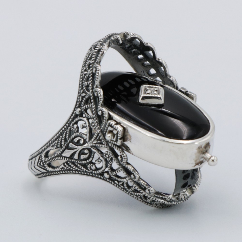 Victorian Style Lapis Diamond and Onyx Filigree Flip Ring Sterling ...