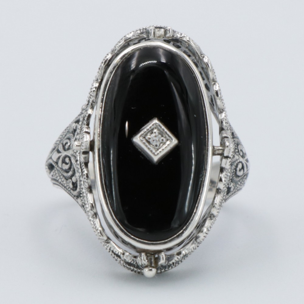 Victorian Style Lapis Diamond and Onyx Filigree Flip Ring Sterling ...