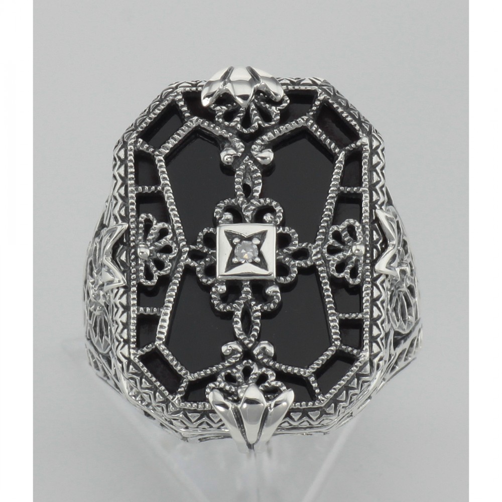 Antique Victorian Style Black Onyx w/ Diamond Filigree Ring Sterling ...