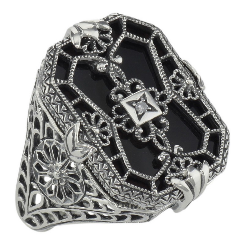 Antique Victorian Style Black Onyx w/ Diamond Filigree Ring Sterling ...