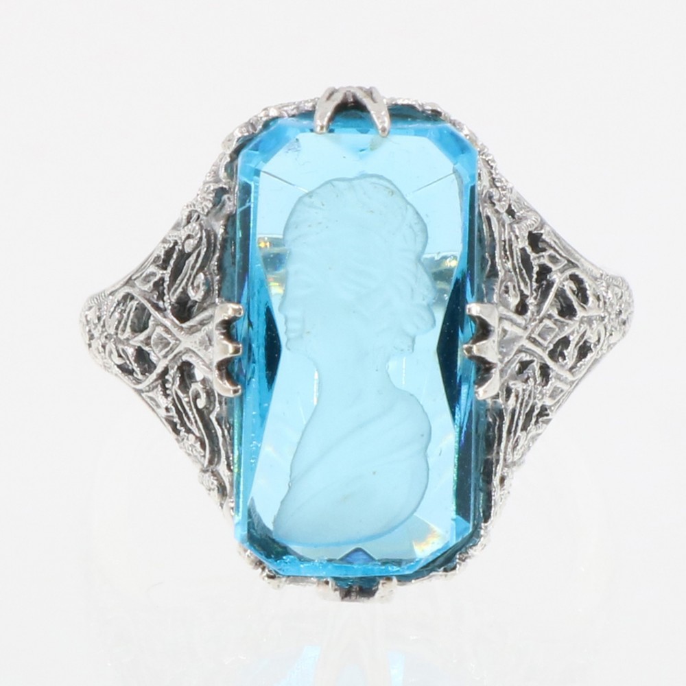Roman Style Blue Colored Crystal Reverse Intaglio Filigree Ring ...