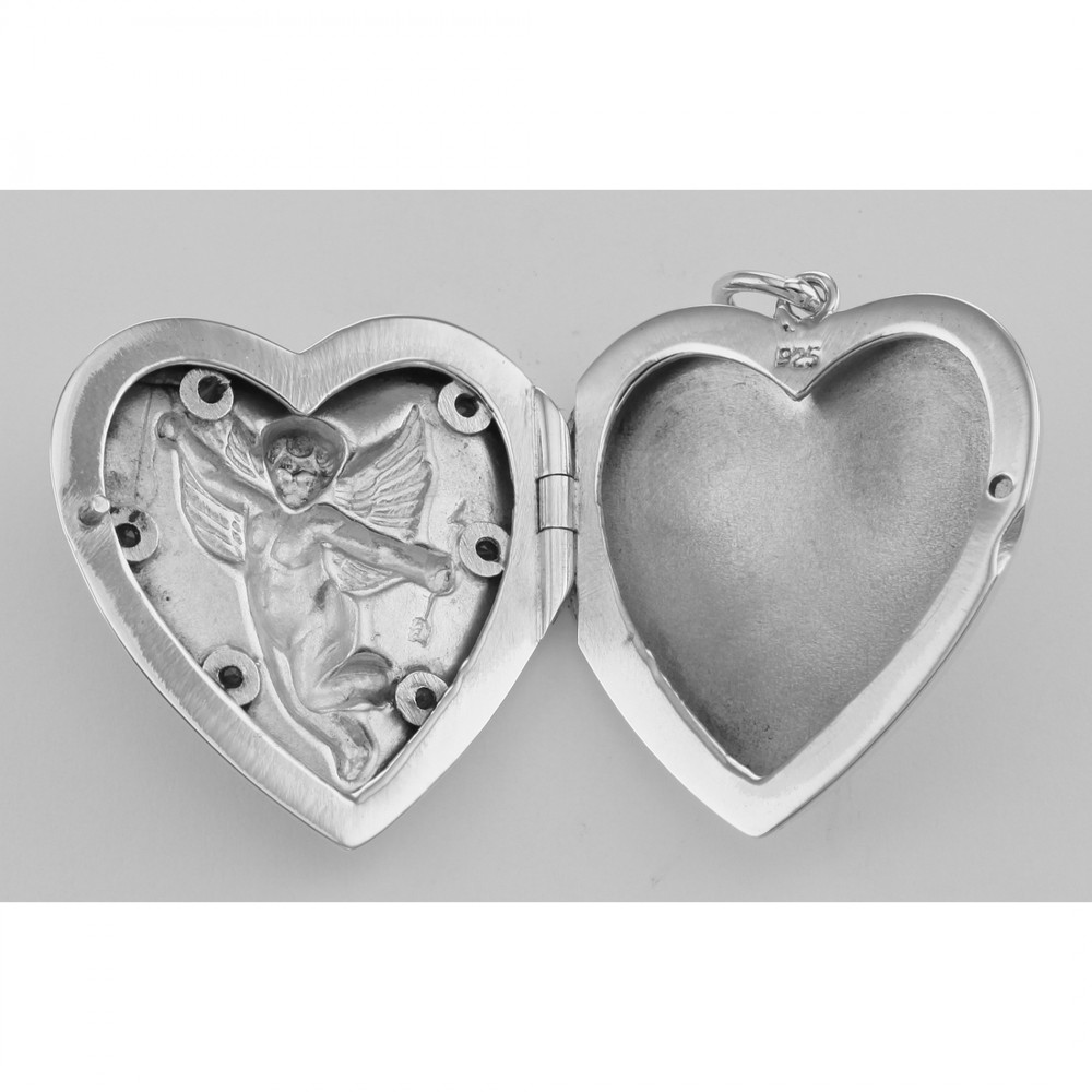 Cherub Heart Sterling Silver Locket Pendant with Blue CZ's - HP-6307-BLUE