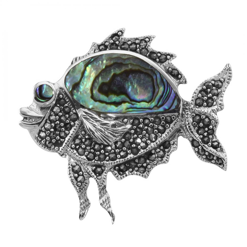 Cute Abalone Shell and Marcasite Fish Pin / Brooch - Sterling Silver ...