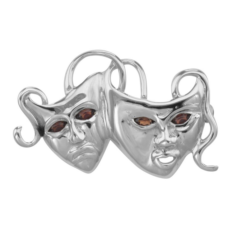 Comedy Tragedy Pin with Garnet Eyes - Sterling Silver - P-63