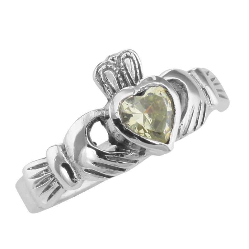 Irish Claddagh Ring Light Green Peridot CZ - Sterling Silver - R-8172-PER
